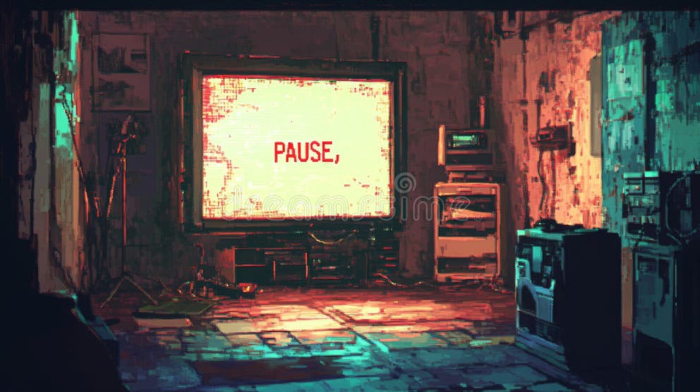 Retro Pixel Art Room with Pause Screen Stock Illustration ...