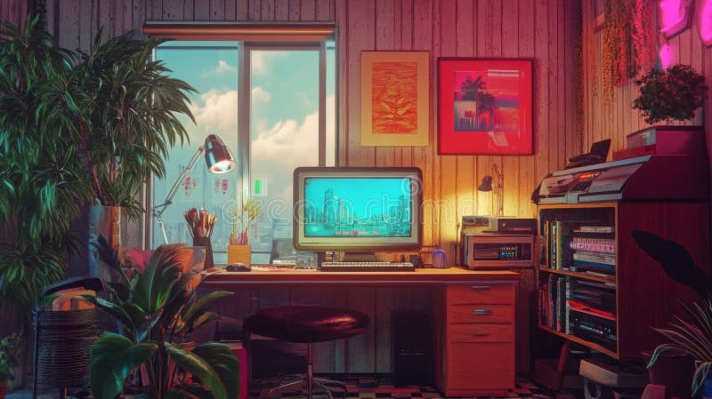 Retro Pixel Art Room with Sunset City View Stock Illustration ...