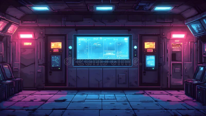 Retro Pixel Art Style Cyberpunk Control Room Interior with Blue and ...