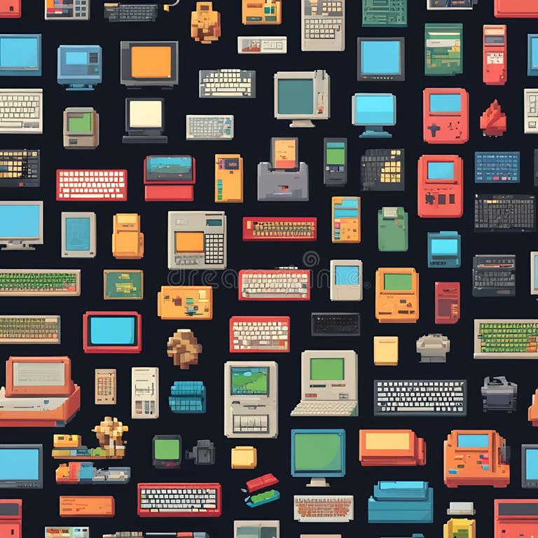 Retro Pixel Art Tech Seamless Pattern Old Computers and Devices Stock ...