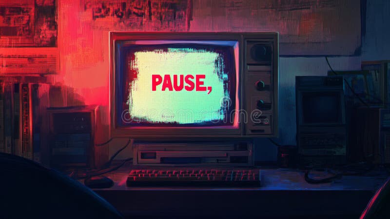 Retro Pixel Art of a Vintage Computer Showing Pause on Screen in Dark ...