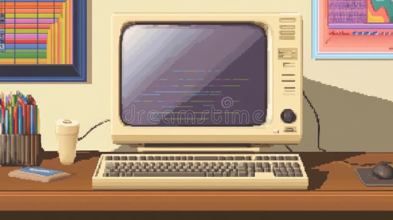 Retro Pixel Art Workspace stock illustration. Illustration of coding ...