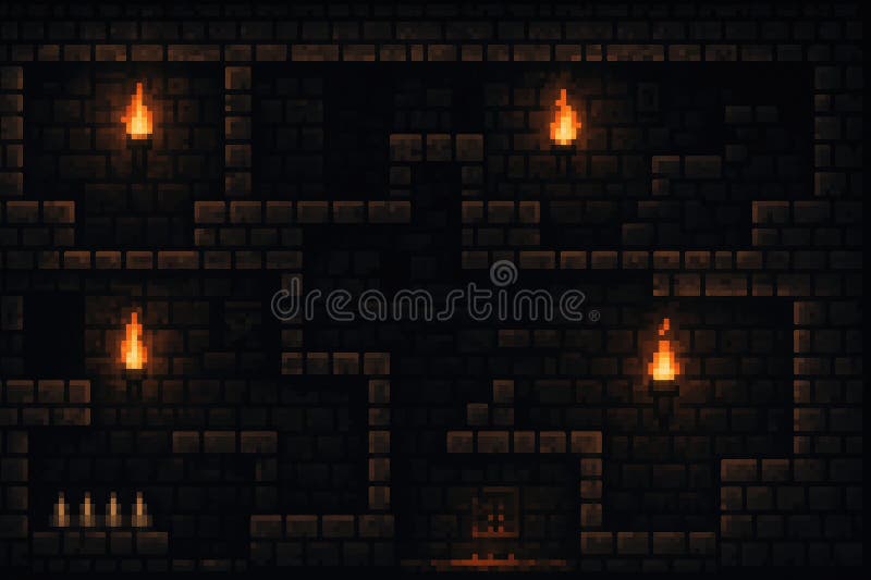 Retro Pixel Dungeon with Flickering Torches for Game Design and Posters ...