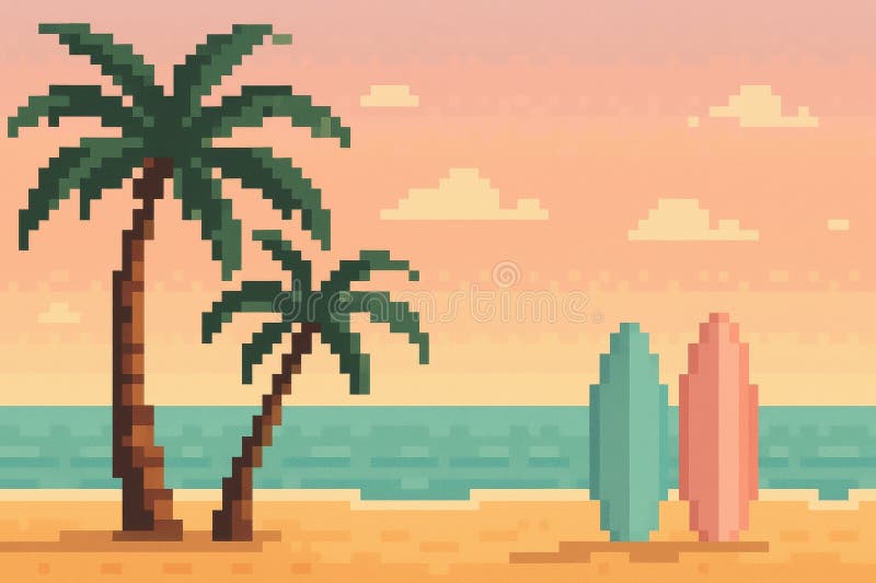 Pixelated Beach Paradise: Vintage Palm Trees and Surfboards in Sunset ...