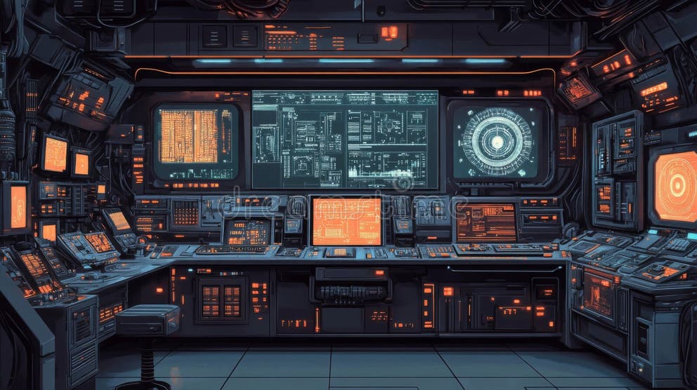 Retro Pixelated Command Center with Multiple Orange Screens and ...