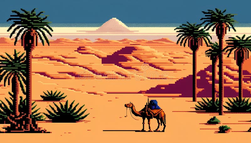 Retro Pixelated Desert Landscape with Palm Trees and Camels. Stock ...