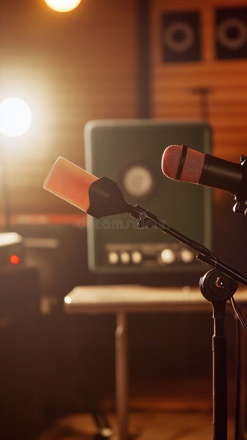 Retro Podcast Studio Background with Microphones and Vintage Decor ...