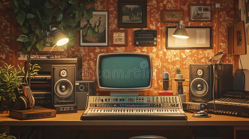 Retro Podcast Studio Featuring a Vintage Microphone. Stock Illustration ...