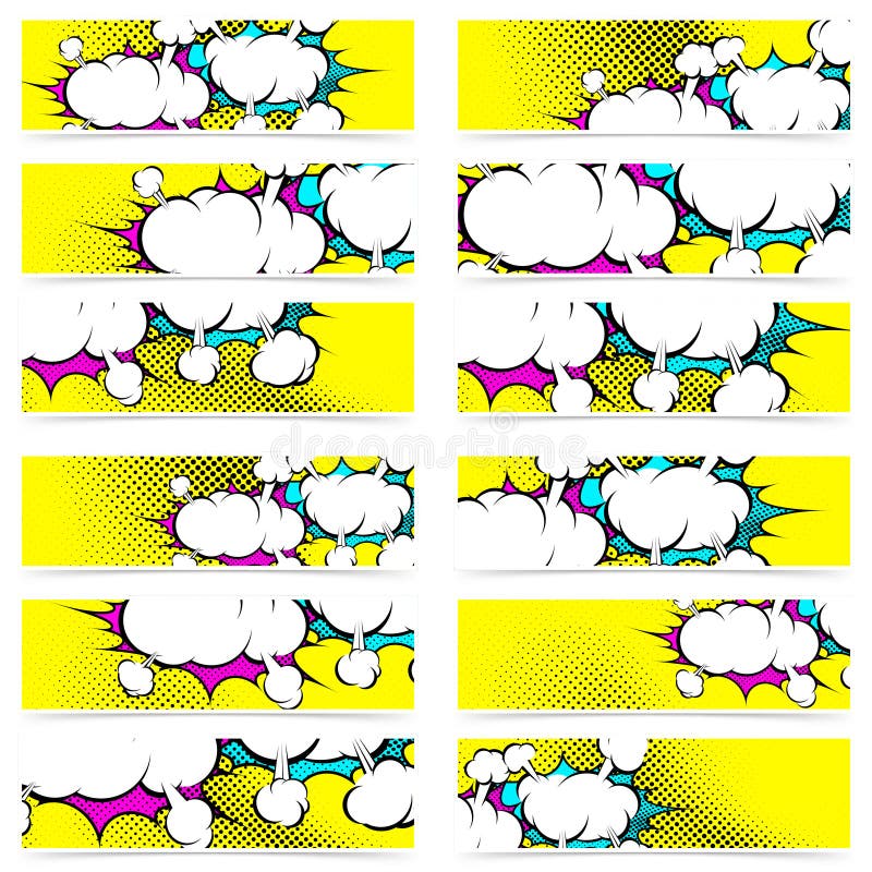 Retro Pop Art Style Comic Book Explosion Web Header Footer Collection ...
