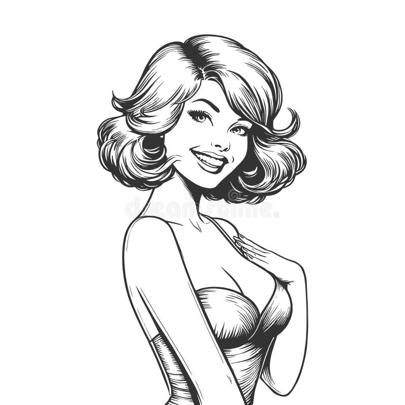 Retro Pop Art Woman Smiling Engraving Vector Stock Vector