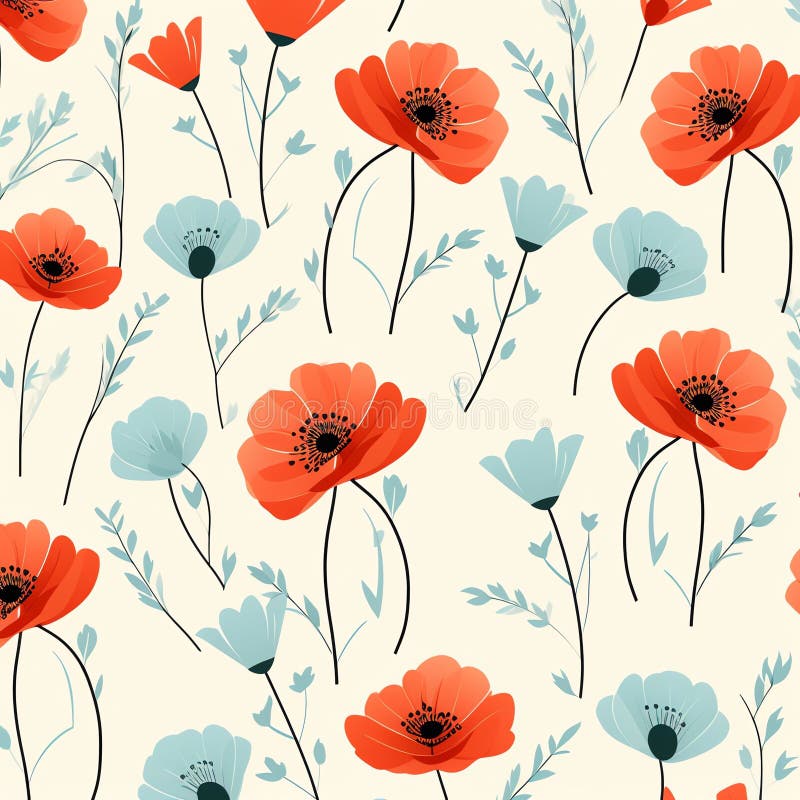 Retro Poppy Pattern Flowers Background Pattern Wallpaper Vector Old ...