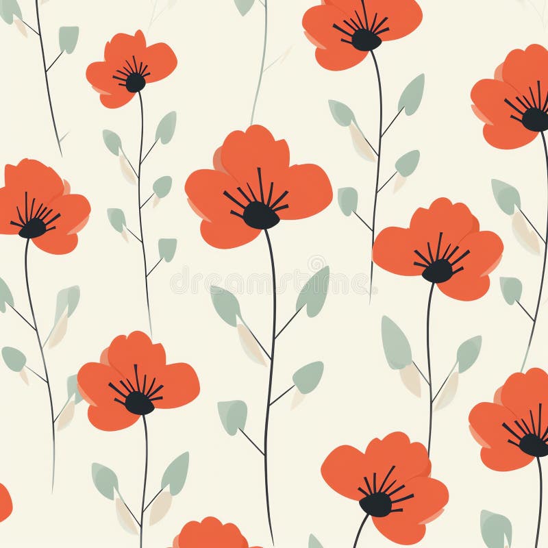 Retro Poppy Pattern Flowers Background Pattern Wallpaper Vector Old ...
