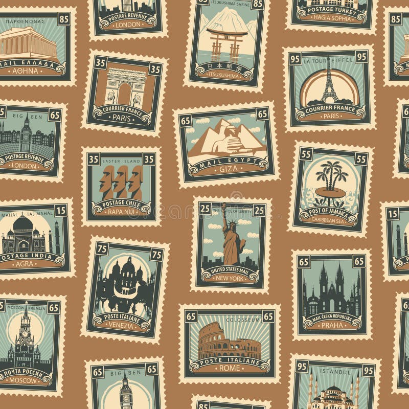 Seamless Pattern with Postmarks on Travel Theme Stock Vector ...