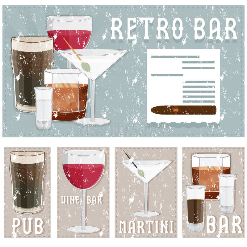 Retro Poster of Bar with Glasses of Different Drinks Stock Vector ...