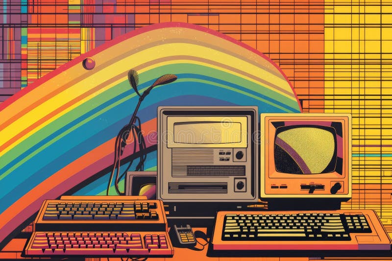 Retro Poster with Retro Computer Graphic and Rainbow Patterns Stock ...