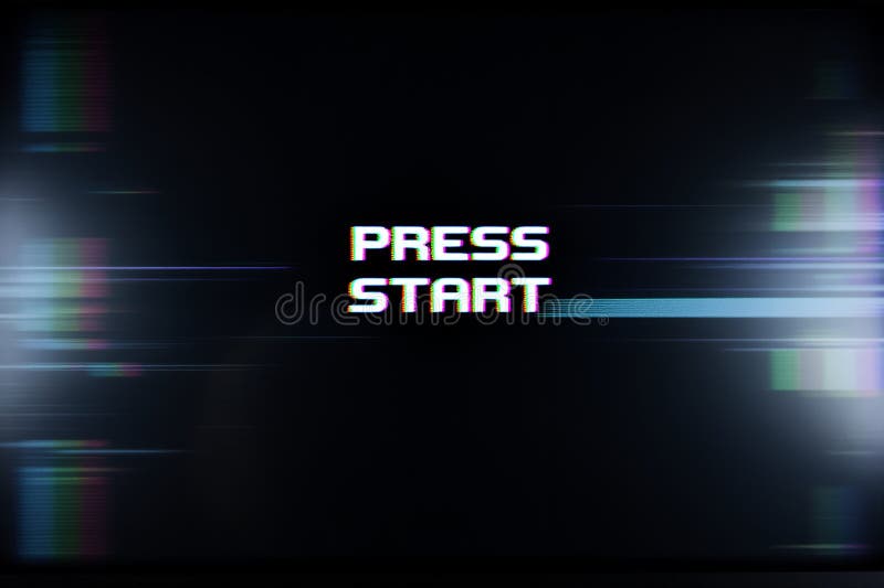 Retro Press Start on Black Background with Colorful Glitch Effects ...