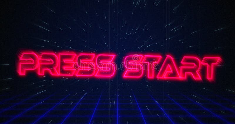 Retro Press Start Text Glitching Over Blue and Red Squares on White ...