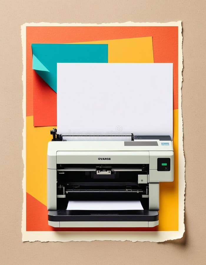 Retro Printer on Colorful Torn Paper Background with Vibrant Abstract ...