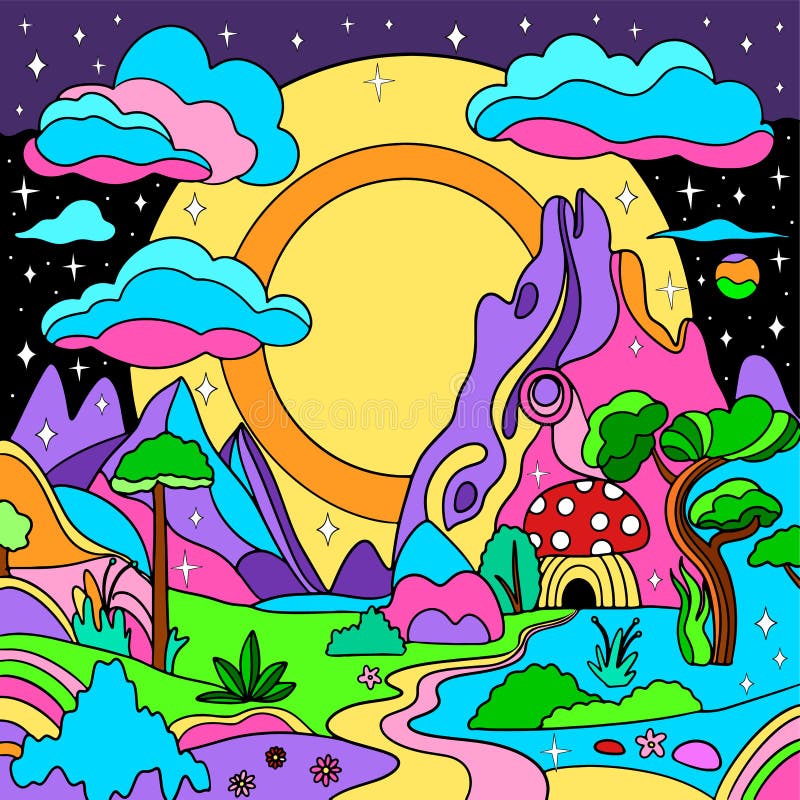 Retro Psychedelic Groovy Landscape. Vintage Hippie Background Stock ...