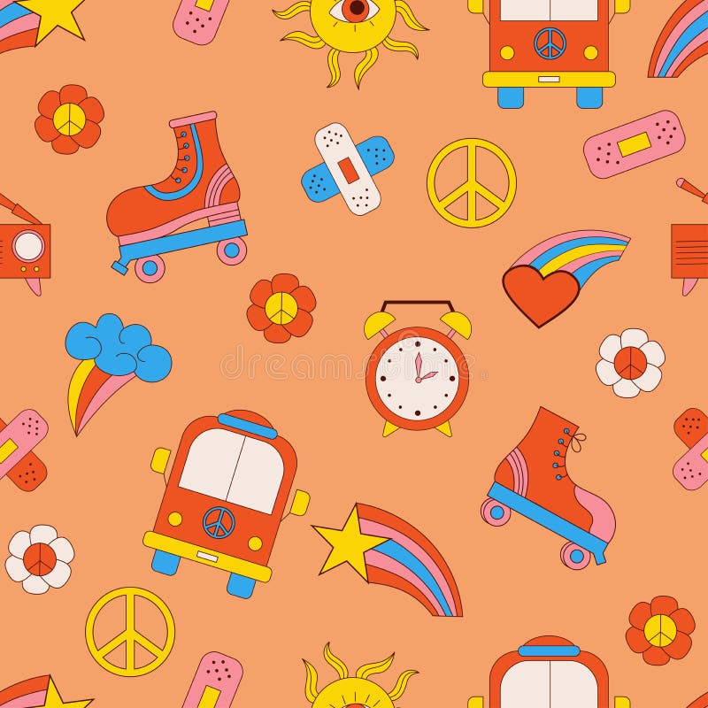 Retro Psychedelic Seamless Patterns, Groovy Hippie Backgrounds. Vector ...