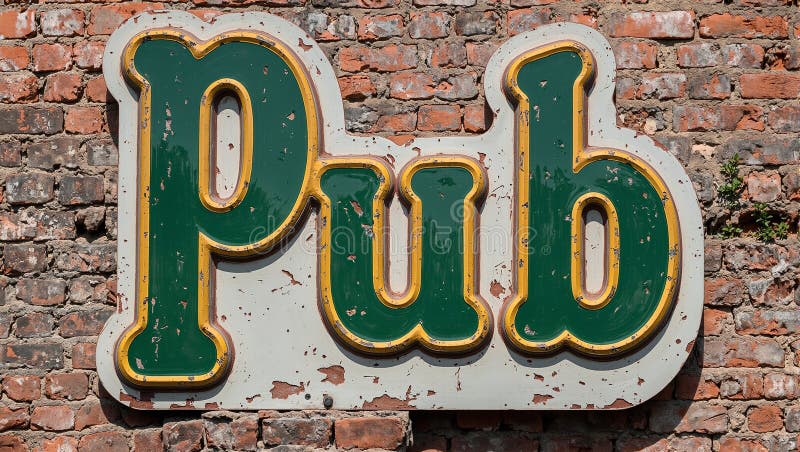 Retro Pub Sign on Aged Brick Wall Green with Gold Details Stock ...