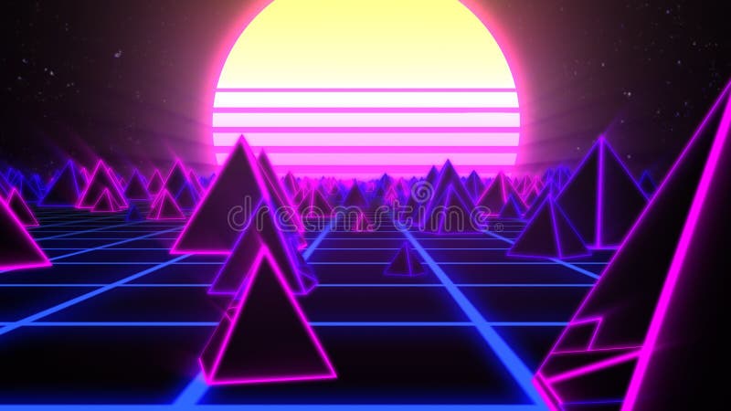 Retro Pyramids on 80s Synthwave Neon Landscape with Glowing Sun ...