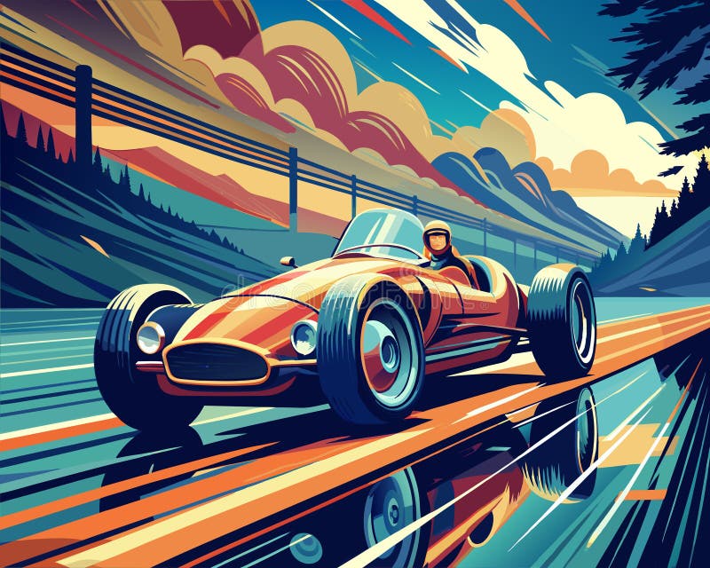 Retro Racing Car with Driver Speeding on Track with Blurred Road Stock ...