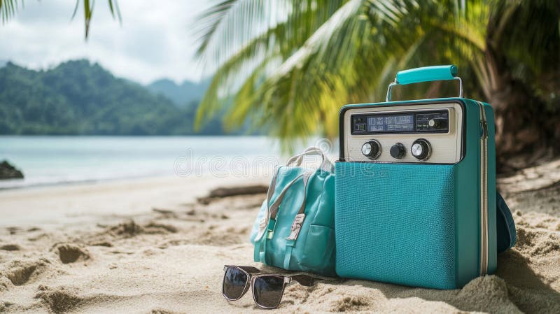 Retro Radio and Accessories on Tropical Beach Stock Illustration ...