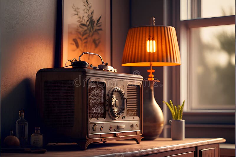 Retro Radio on the Bedside Table with Lamp and Vase Stock Illustration ...