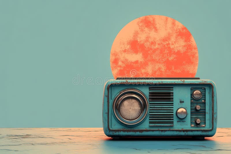 Retro Radio with a Sun on Top, Sits on a Wooden Surface Stock ...