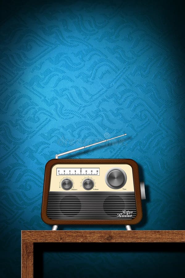 Retro Radio on Wood Table with Blue Wallpaper Stock Illustration ...