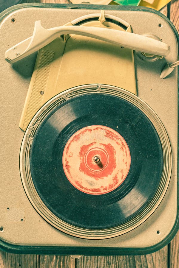 Retro Record Player with Few Scratched Vinyl Records Stock Photo ...