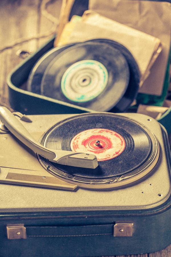 Retro Record Player and Old Black Vinyl Records Stock Photo - Image of ...