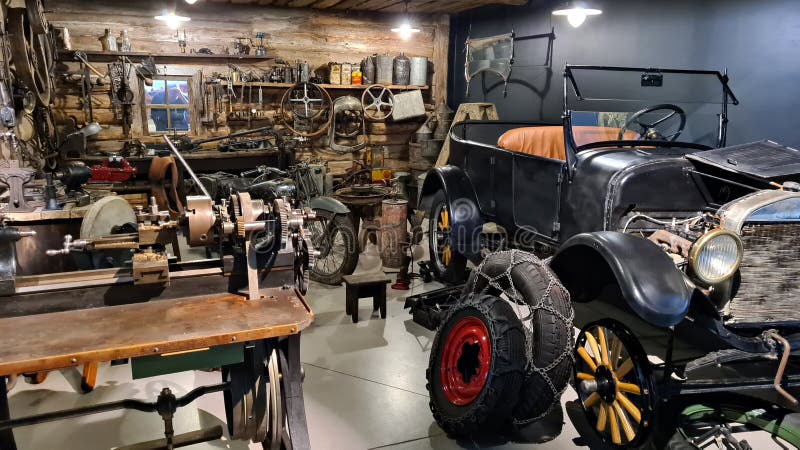 Retro Recreated Workshop with Tools at the Motor Museum in the Latvian ...