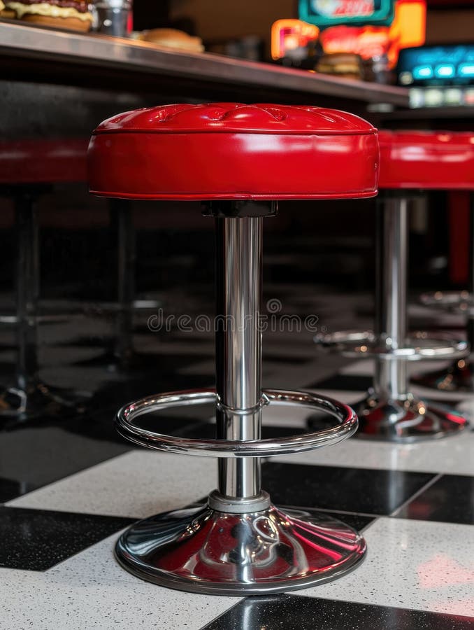 Retro Red Bar Stool in Diner Setting Stock Illustration - Illustration ...
