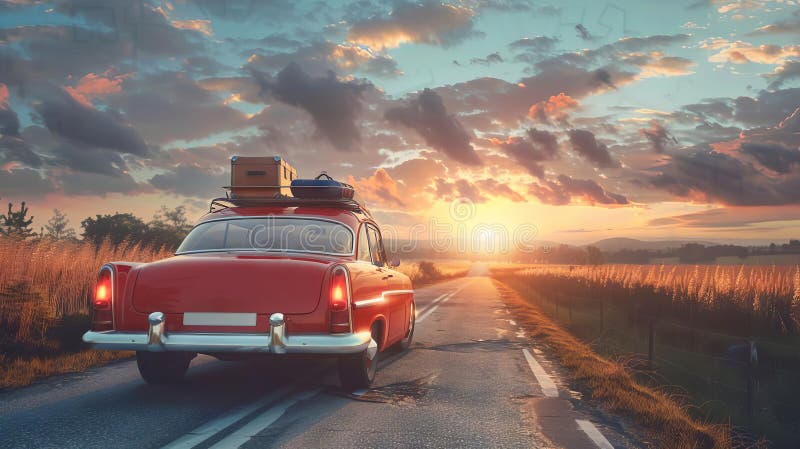 Retro Red Car, Sunset Drive, Luggage Packed, Bright Color Stock ...