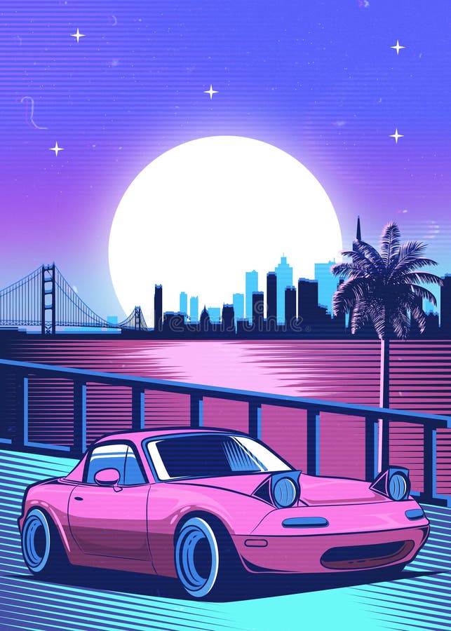 Synthwave Sunset: 80 S Retro Landscape with Ocean Wave in Vibrant ...