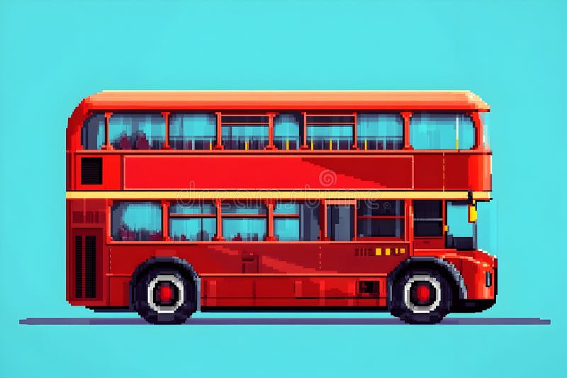 Retro Red Double-decker Bus with Pixel Art Style on Blue Background ...
