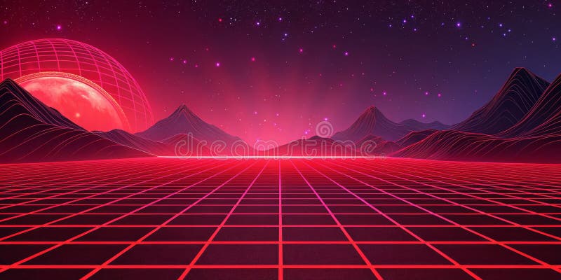 Retro Red Grid Landscape with Moon and Starry Sky, Synthwave , 80s ...