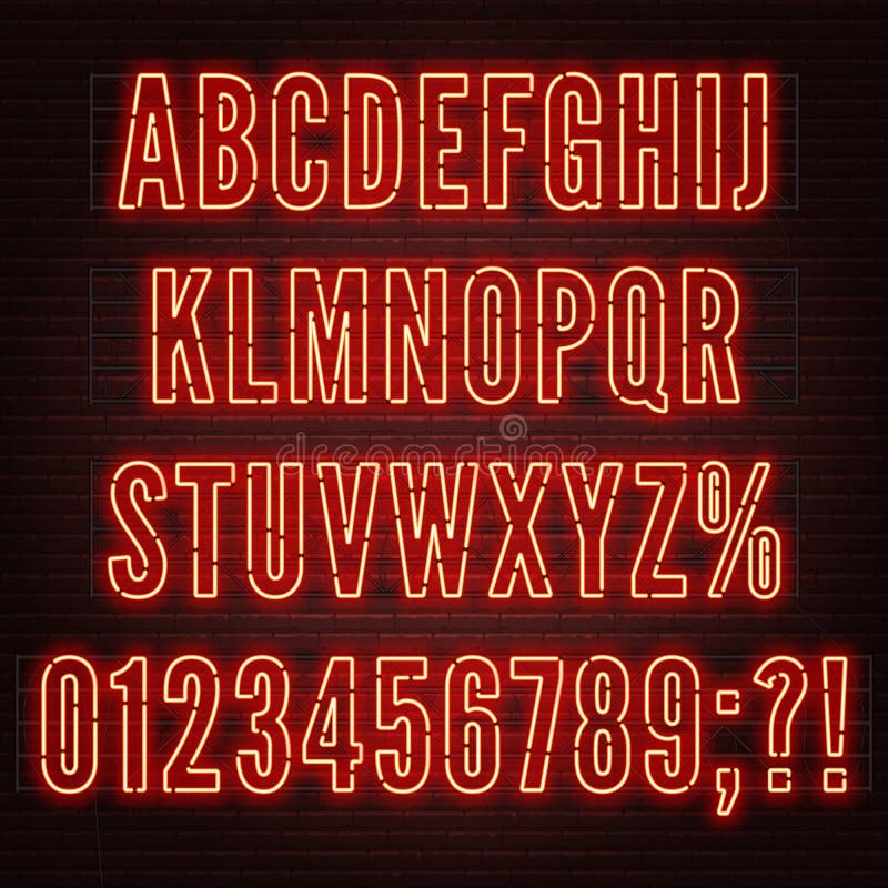 Retro Red Neon Alphabet with Numbers on Brick Wall Background. Stock ...