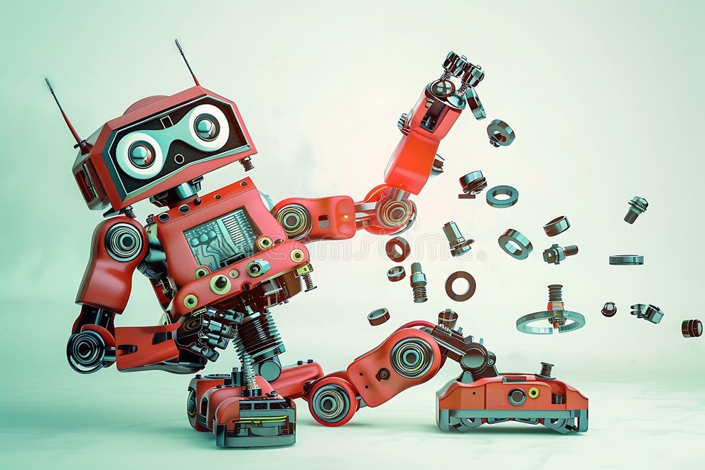 Retro Red Robot SelfRepairing Disassembling and Reassembling Parts ...