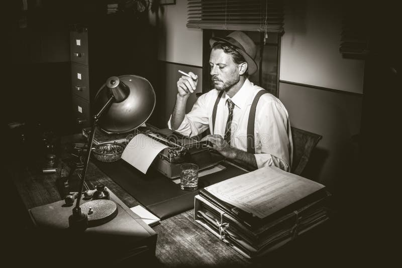 Retro Reporter Working Late And Smoking Stock Photo - Image of desk ...