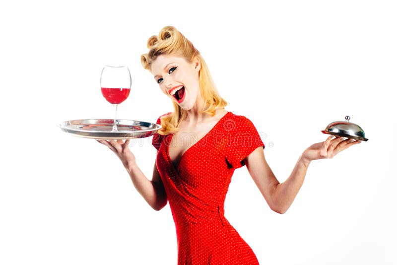 Retro Restaurant Wine Pin Up Girl Waiter With Service Tray Stock