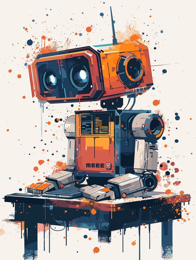 Retro Robot on the Background of Watercolor Splashes. Vector ...
