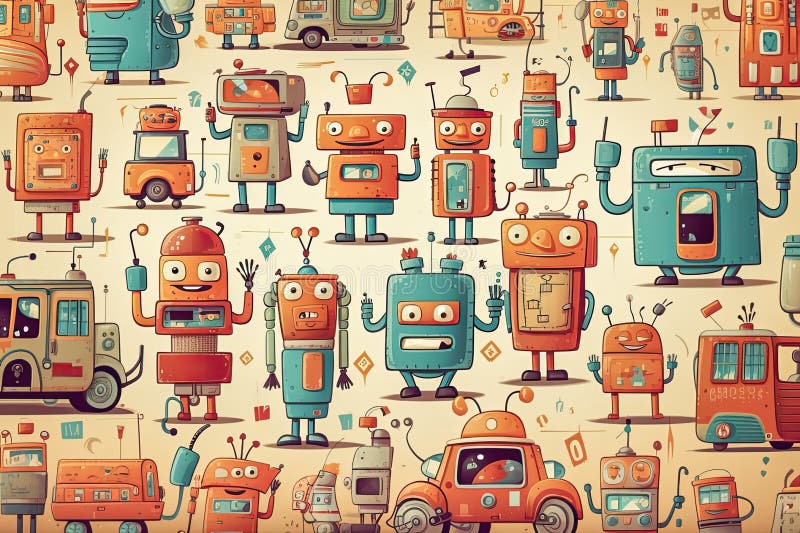 Retro Robot Background, Whimsical Robot Parade in a Vintage Town Square ...