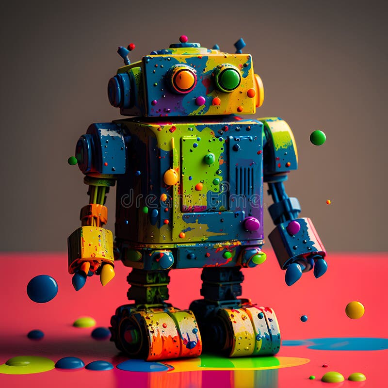 Retro Robot with Colorful Paint Splashes. 3d Illustration Stock ...