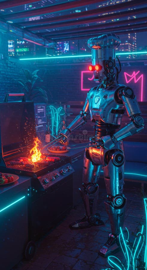 Retro Robot Cooking in Cyberpunk Cityscape Stock Illustration ...