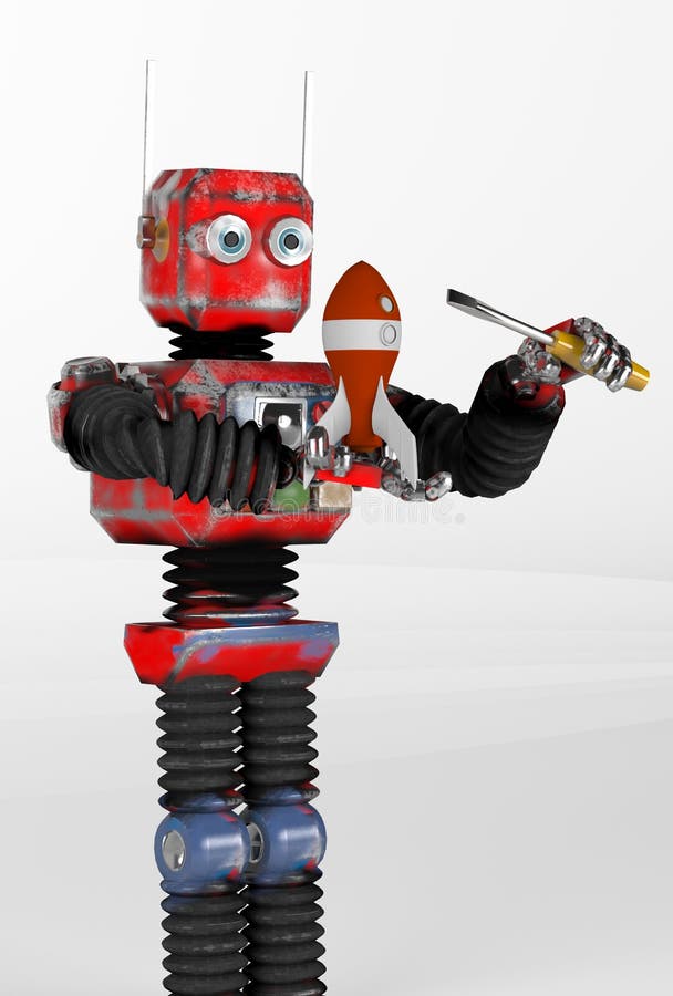 Retro Robot Fix a Rocket,render, 3d Stock Illustration - Illustration ...