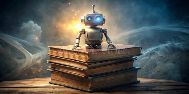 A Retro Robot Perched upon a Stack of Antique Books, Illuminated by a ...