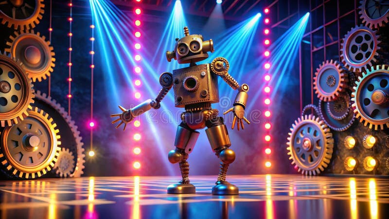 A Retro Robot Performs on a Stage with Glowing Lights and Intricate ...